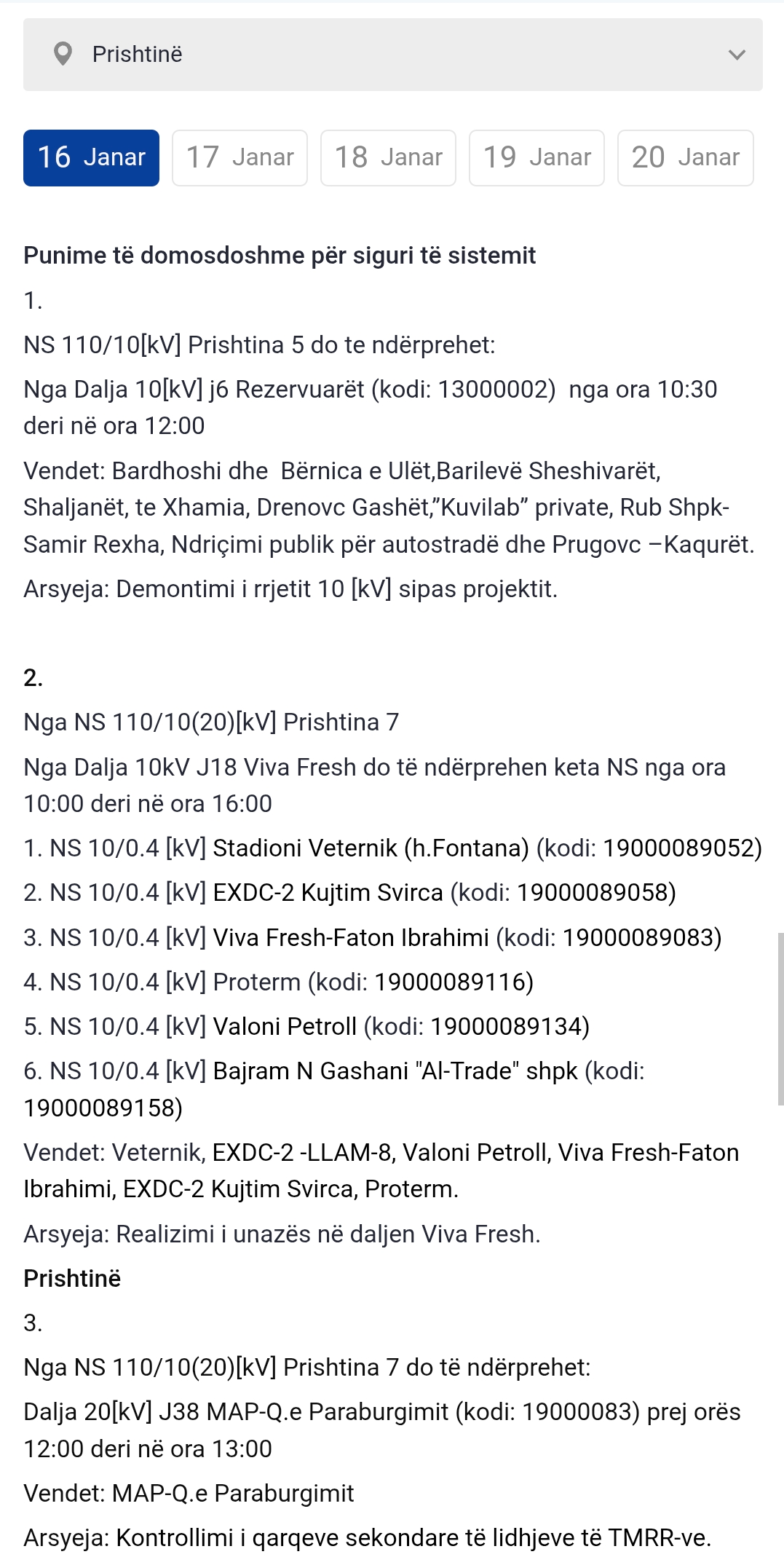 Këto vende do të mbesin sot pa rrymë